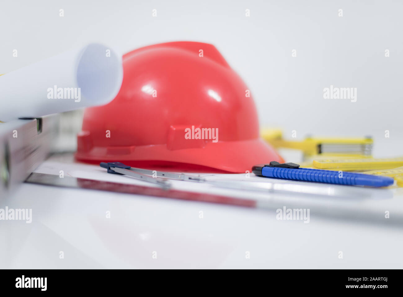 Architectural Office desk ,Desk table with construction tools, red ...