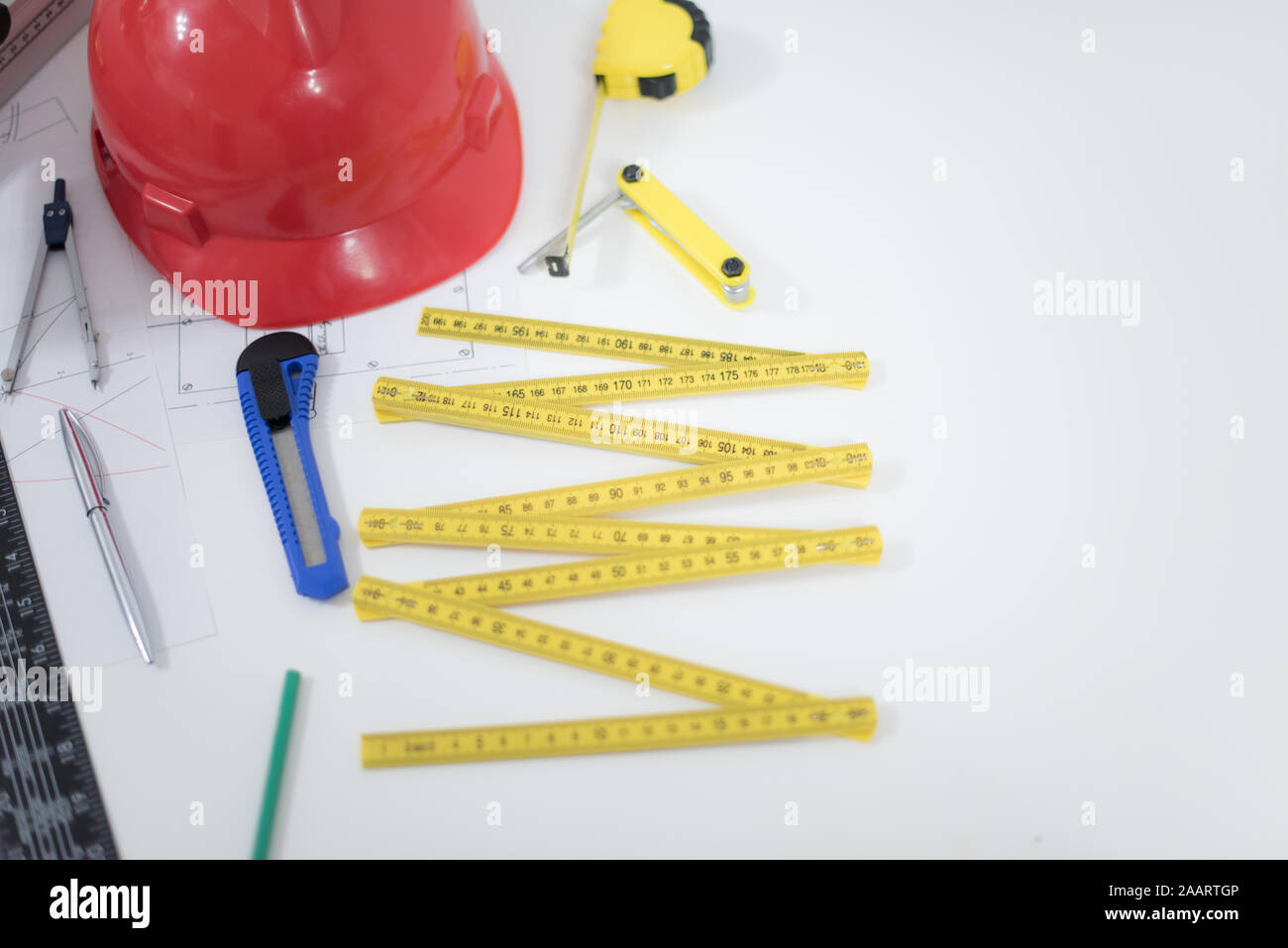 Architectural Office desk ,Desk table with construction tools, red ...