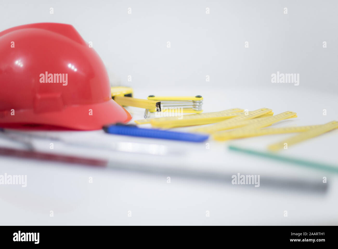 Architectural Office desk ,Desk table with construction tools, red ...