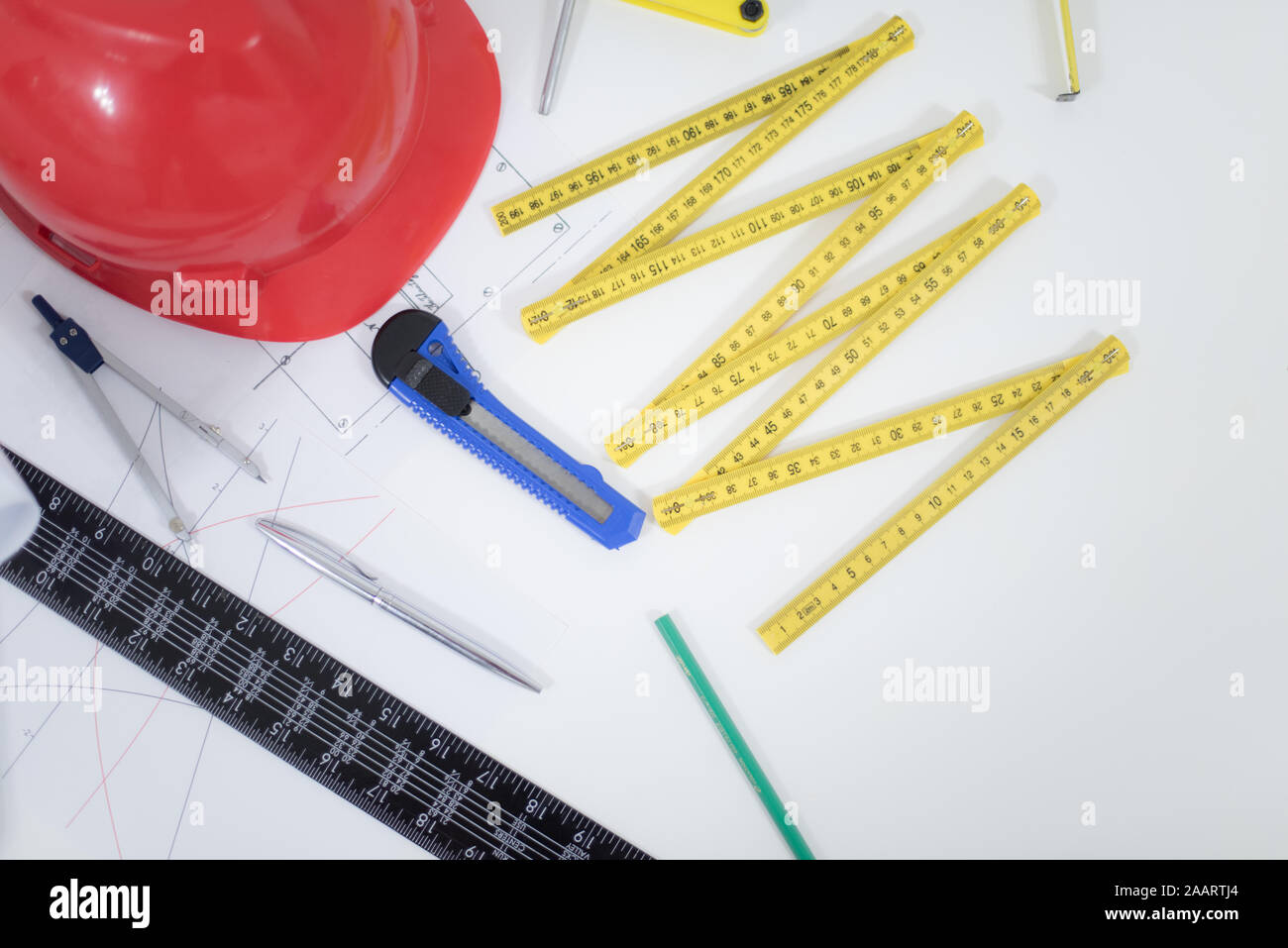 Architectural Office desk ,Desk table with construction tools, red ...
