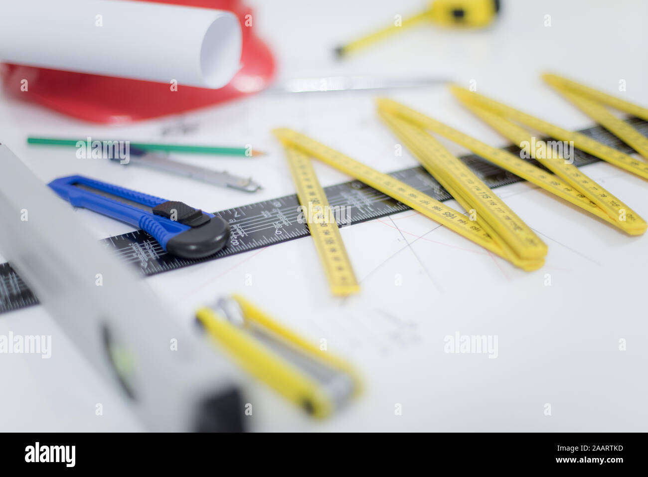 Architectural Office desk ,Desk table with construction tools, red ...