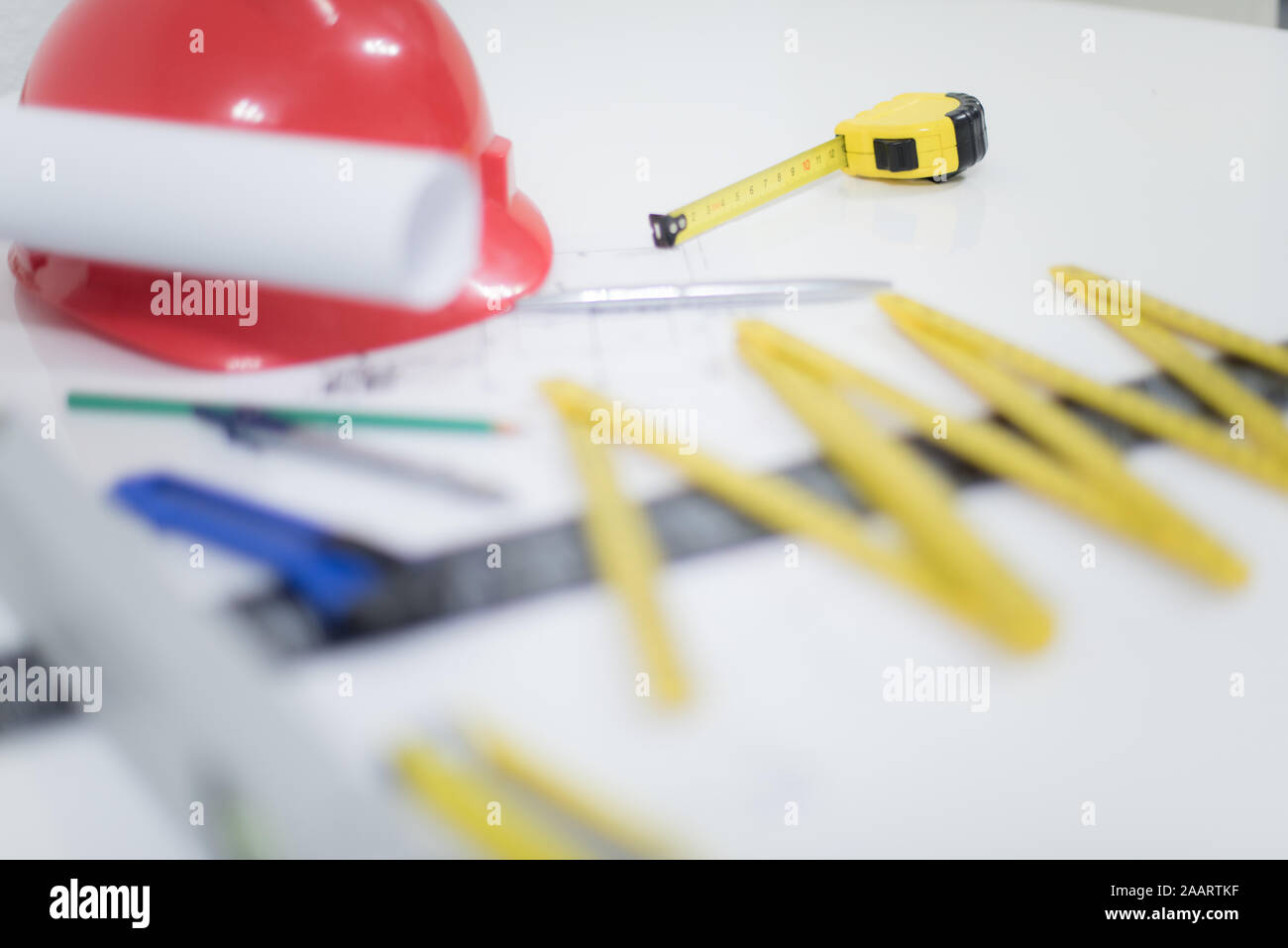 Architectural Office desk ,Desk table with construction tools, red ...
