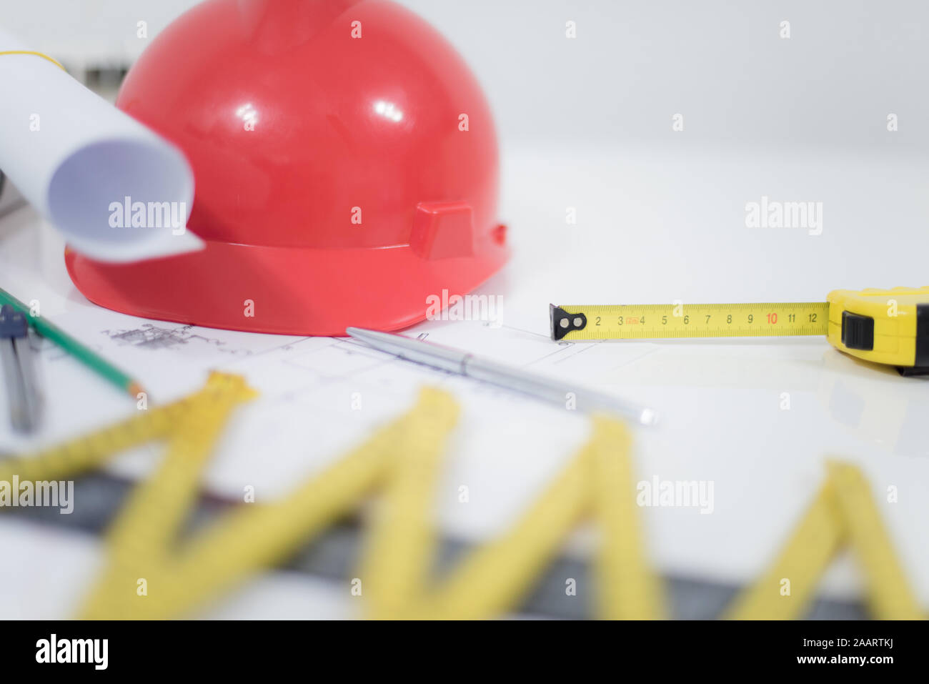 Architectural Office desk ,Desk table with construction tools, red ...