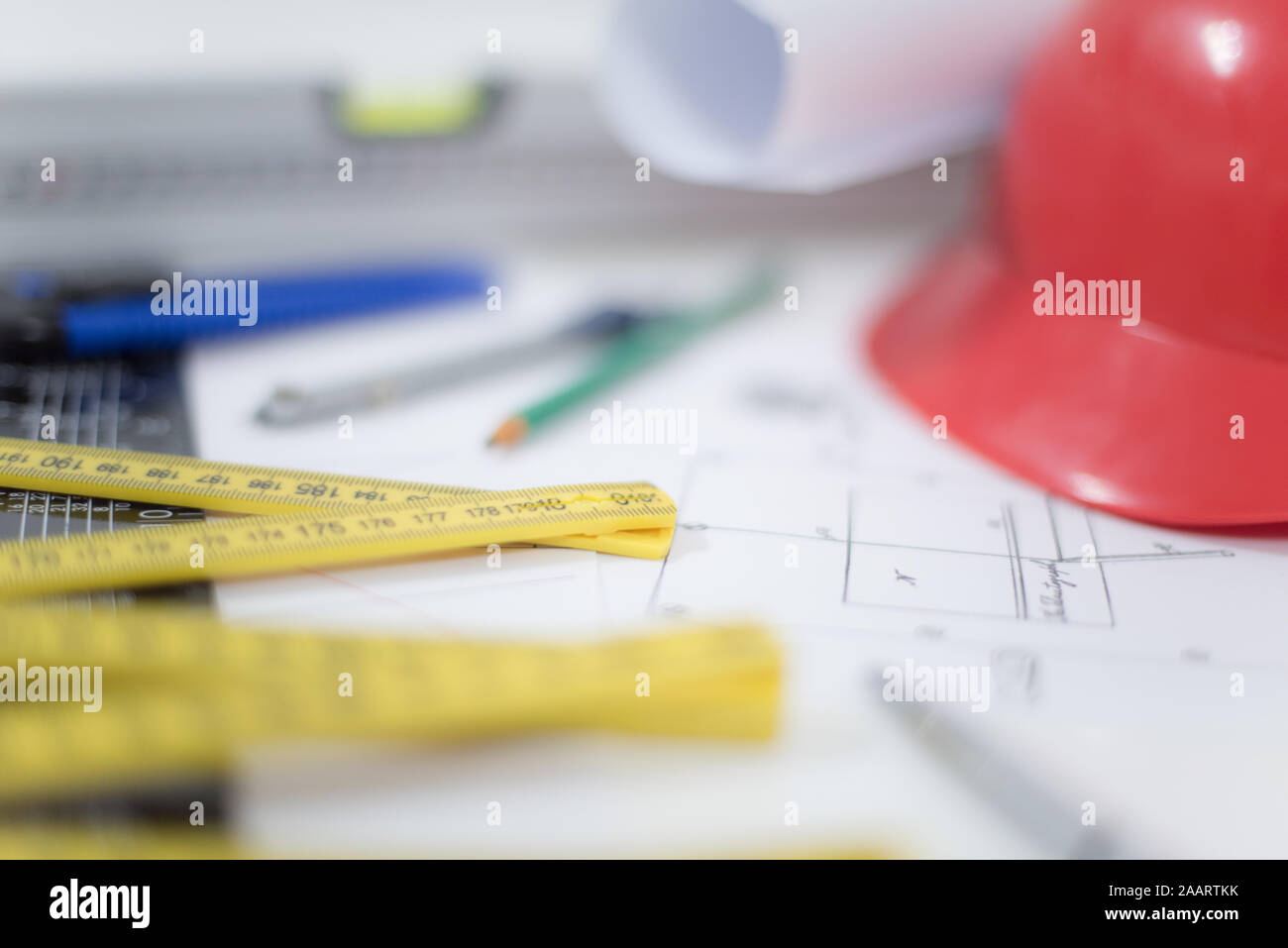 Architectural Office desk ,Desk table with construction tools, red ...