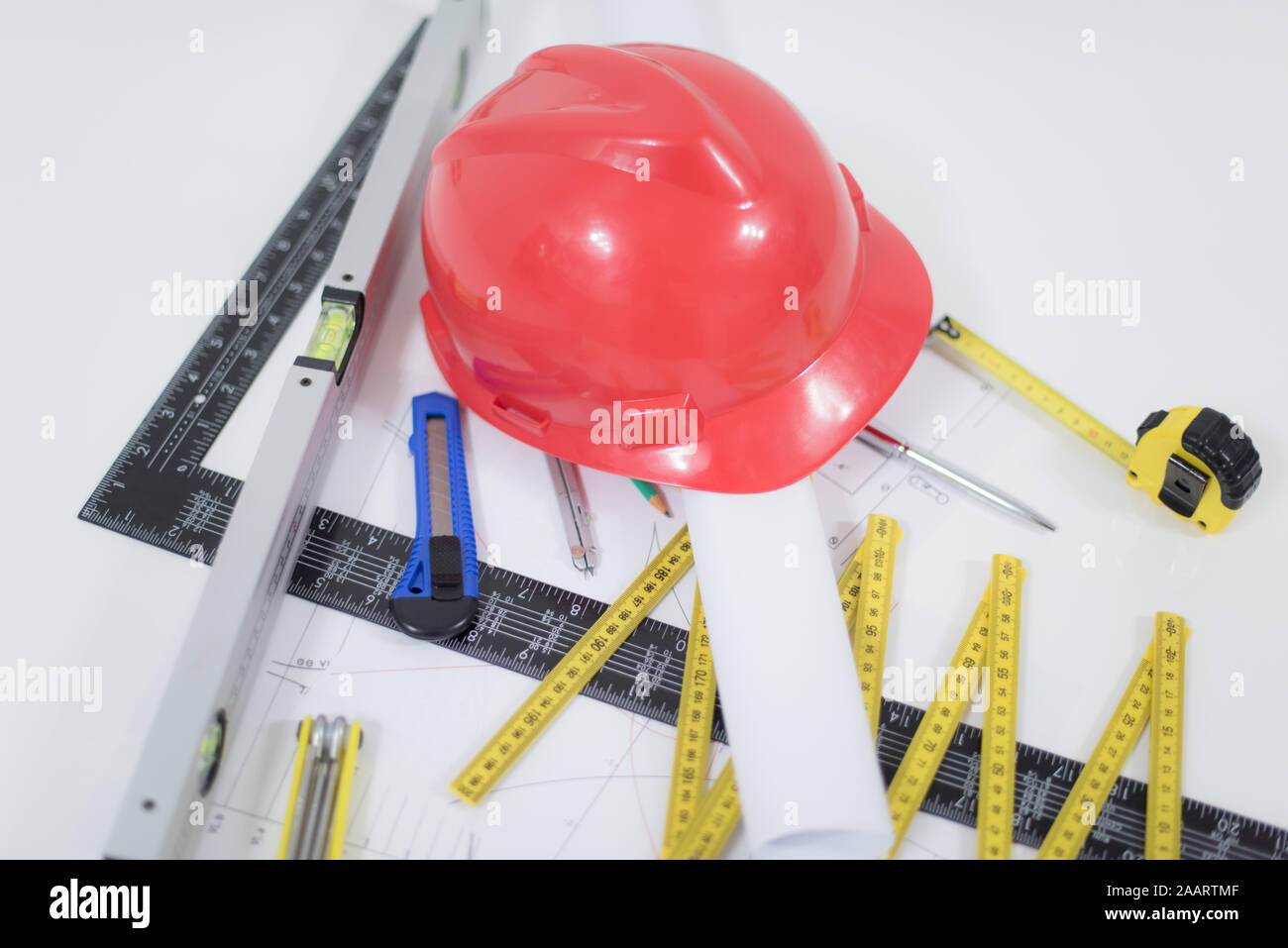 Architectural Office desk ,Desk table with construction tools, red ...