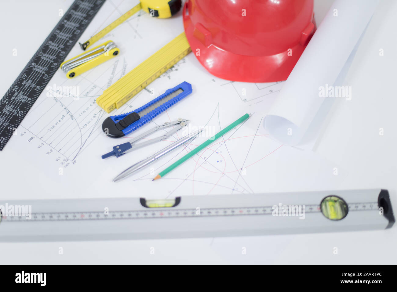 Architectural Office desk ,Desk table with construction tools, red ...