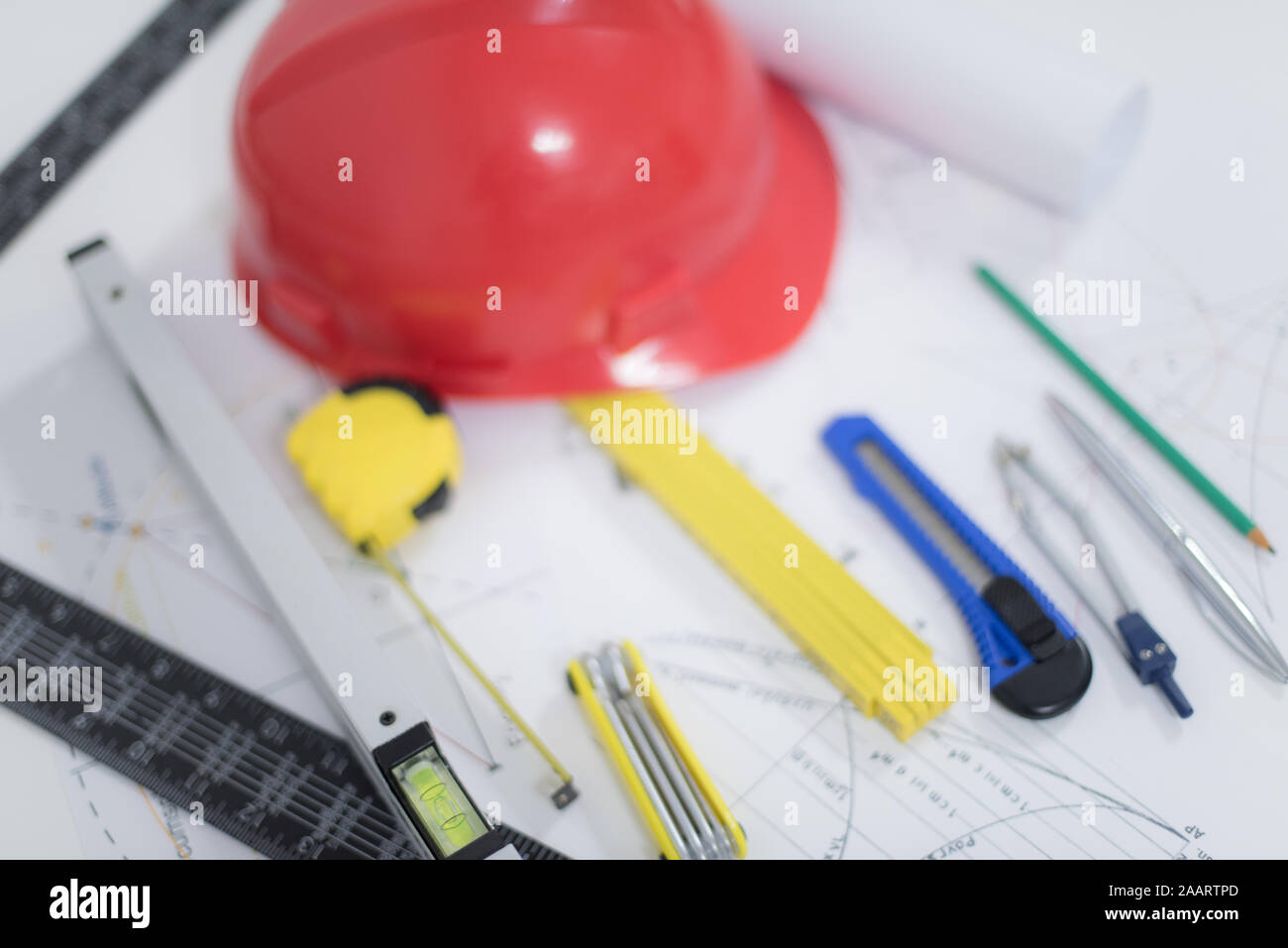 Architectural Office desk ,Desk table with construction tools, red ...