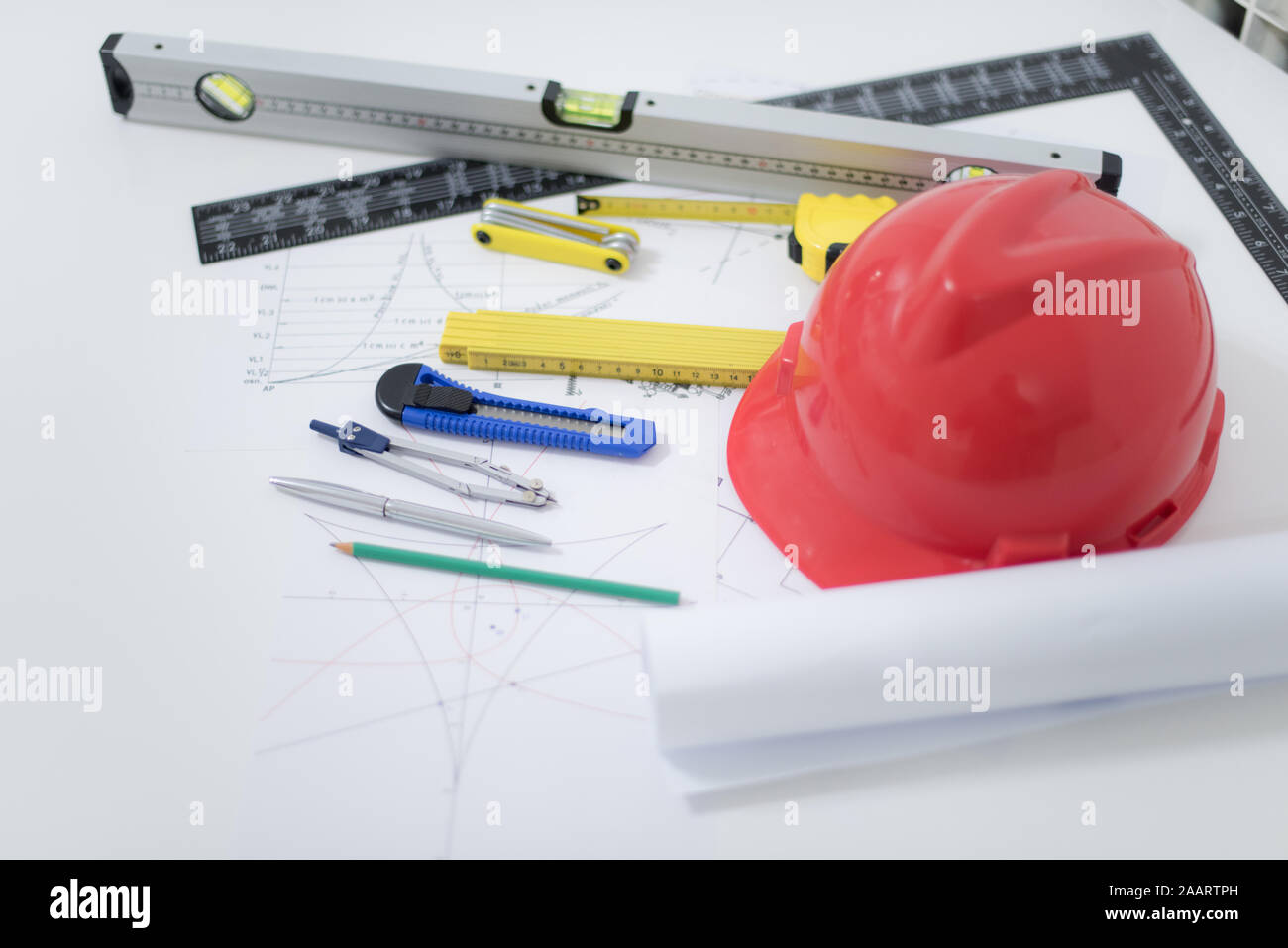 Architectural Office desk ,Desk table with construction tools, red ...