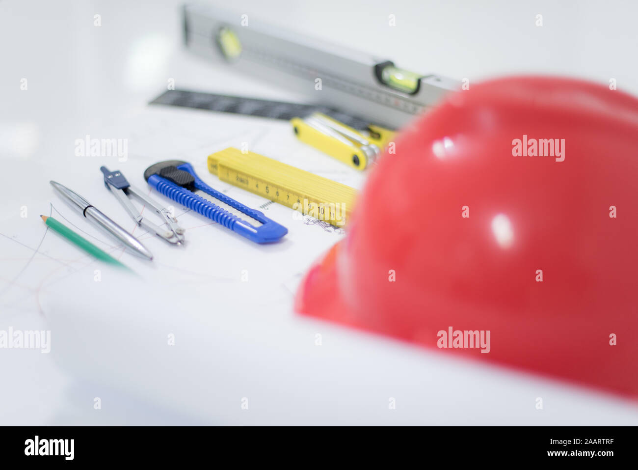 Architectural Office desk ,Desk table with construction tools, red ...