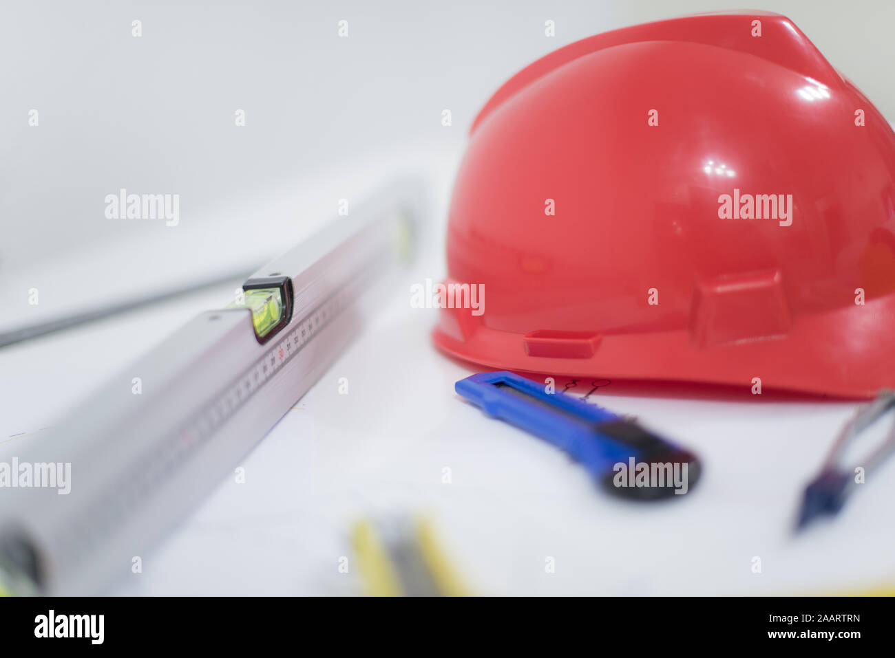 Architectural Office desk ,Desk table with construction tools, red ...