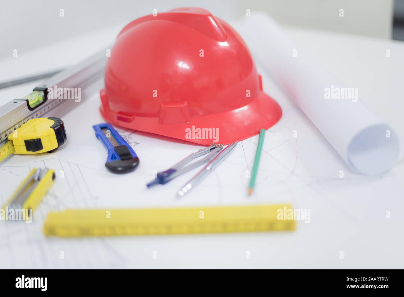 Architectural Office desk ,Desk table with construction tools, red ...