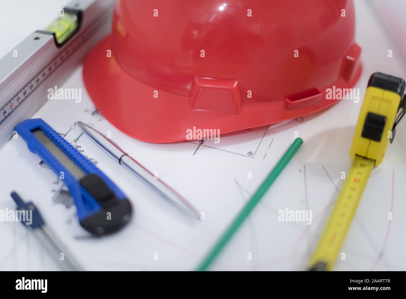 Architectural Office desk ,Desk table with construction tools, red ...