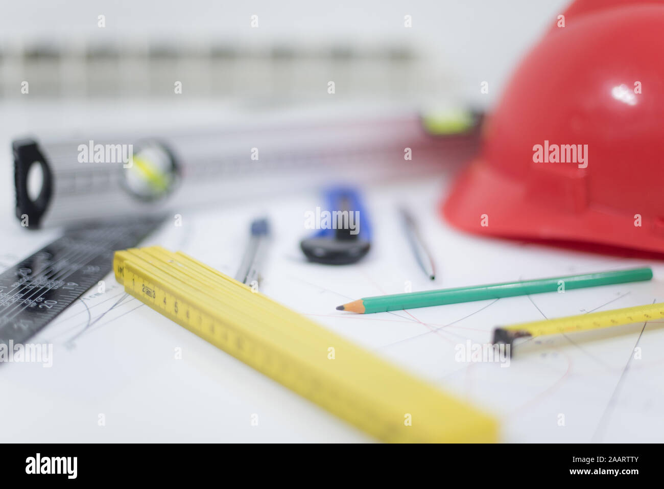 Architectural Office desk ,Desk table with construction tools, red ...