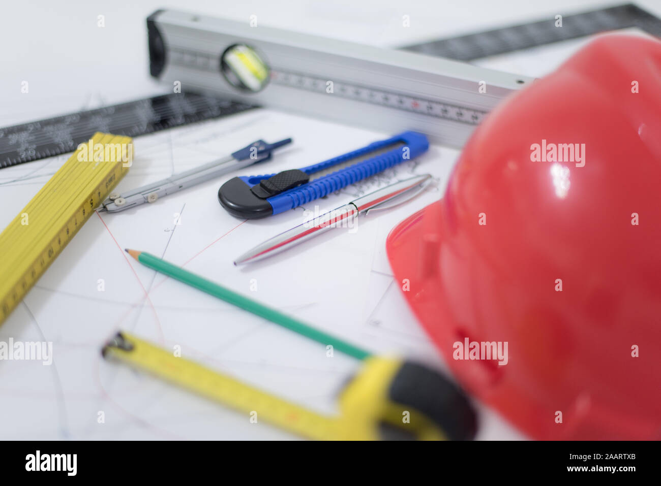 Architectural Office desk ,Desk table with construction tools, red ...