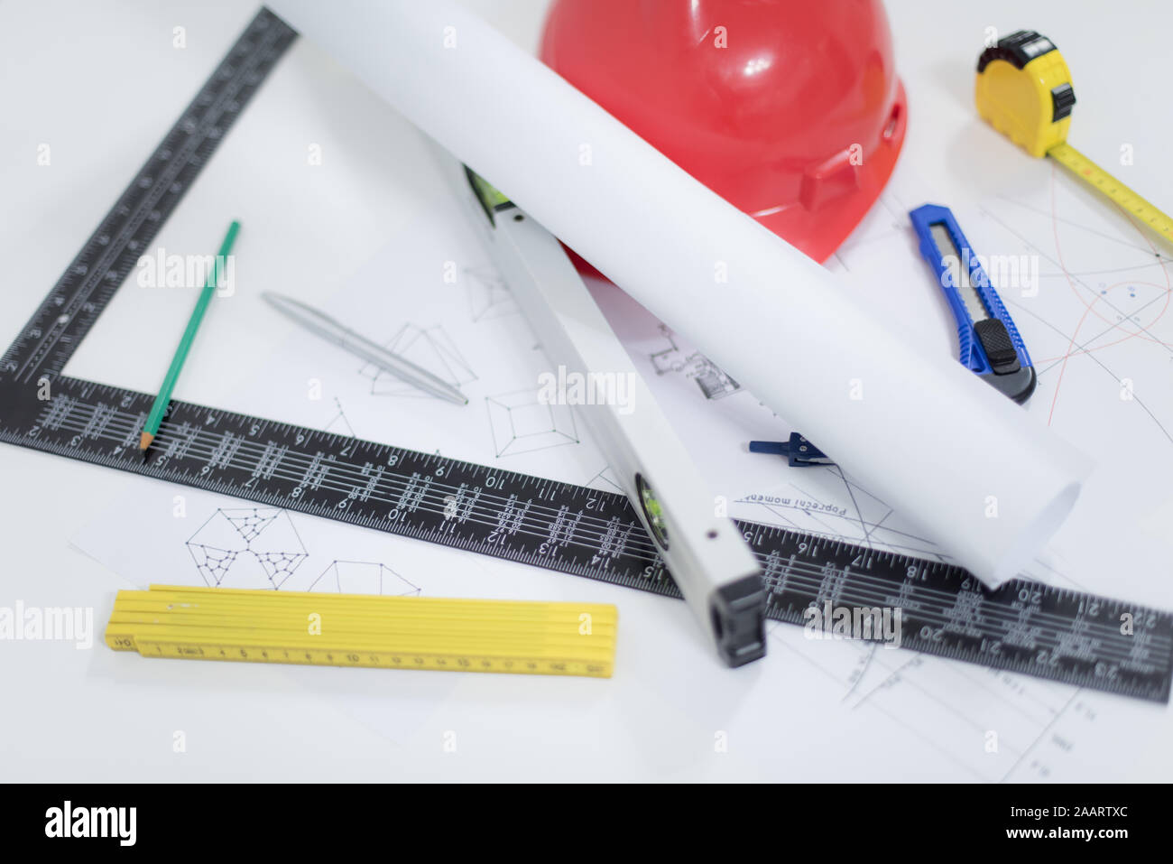 Architectural Office desk ,Desk table with construction tools, red ...