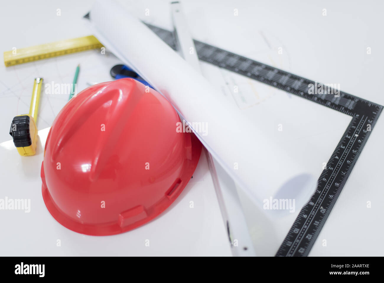 Architectural Office desk ,Desk table with construction tools, red ...