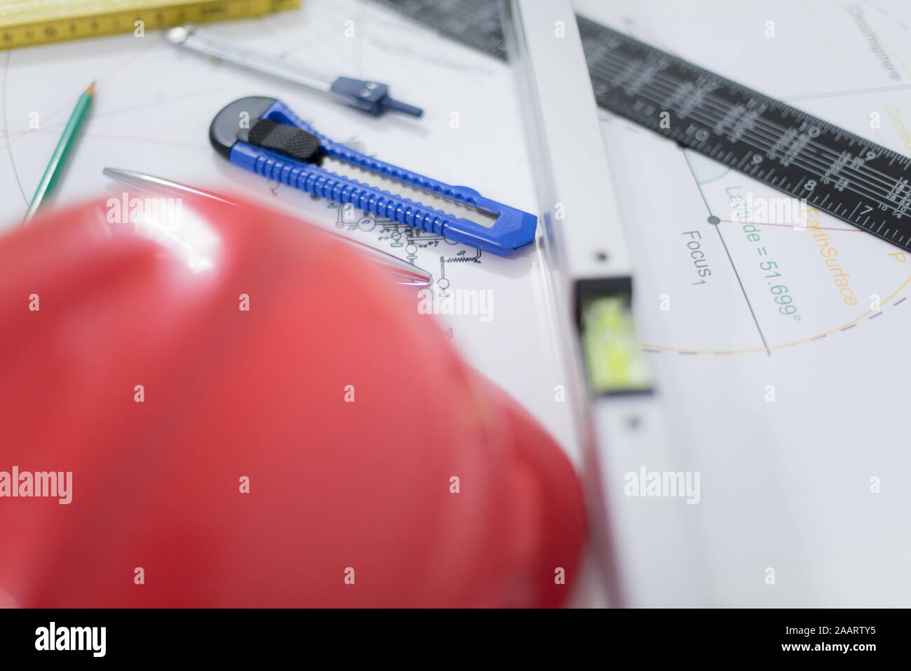 Architectural Office desk ,Desk table with construction tools, red ...