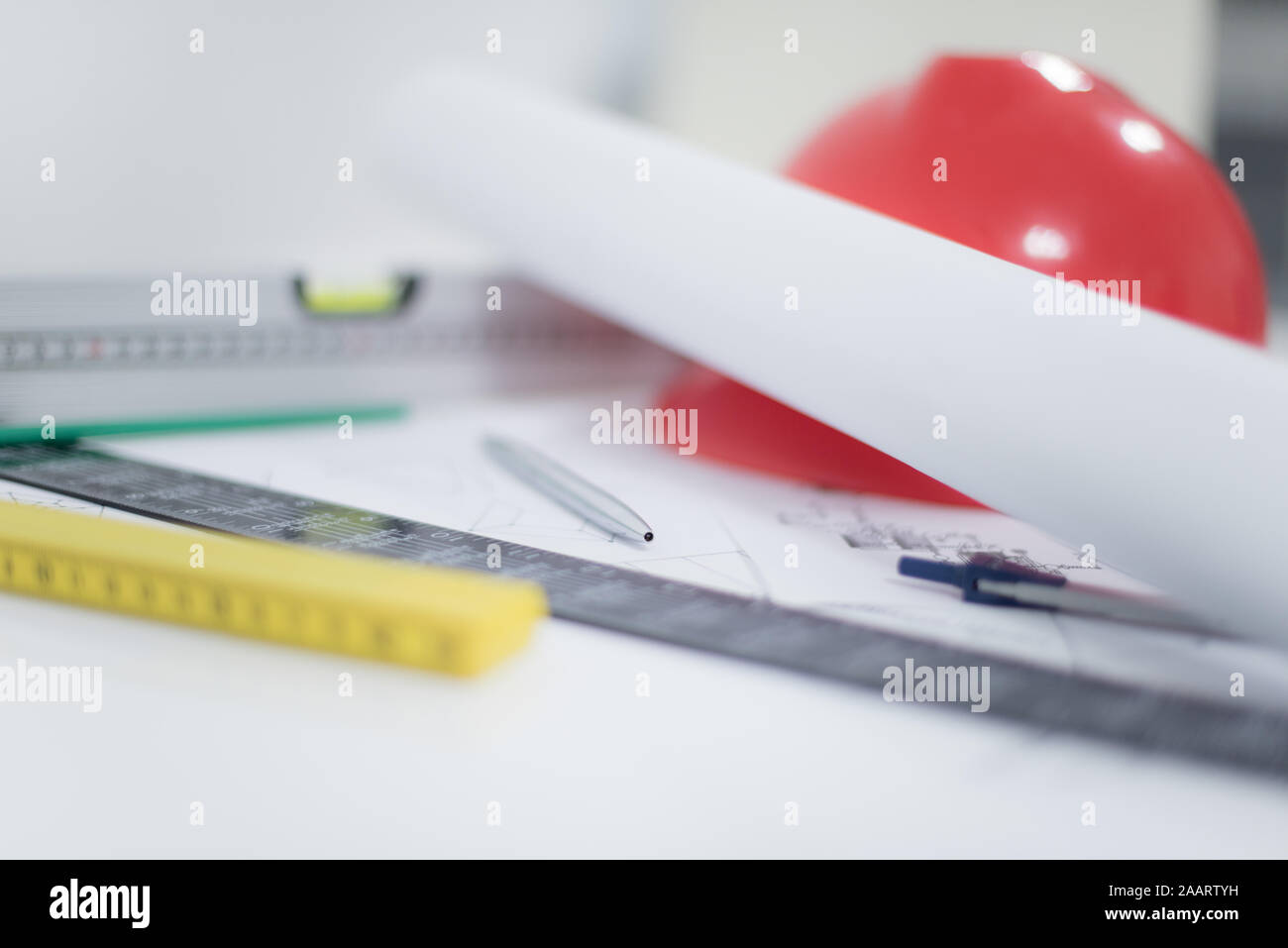Architectural Office desk ,Desk table with construction tools, red ...