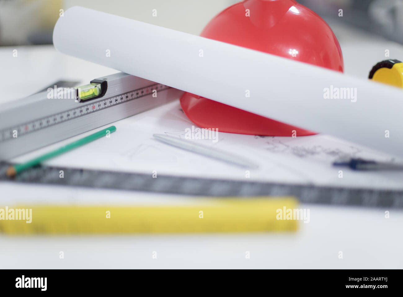 Architectural Office desk ,Desk table with construction tools, red ...