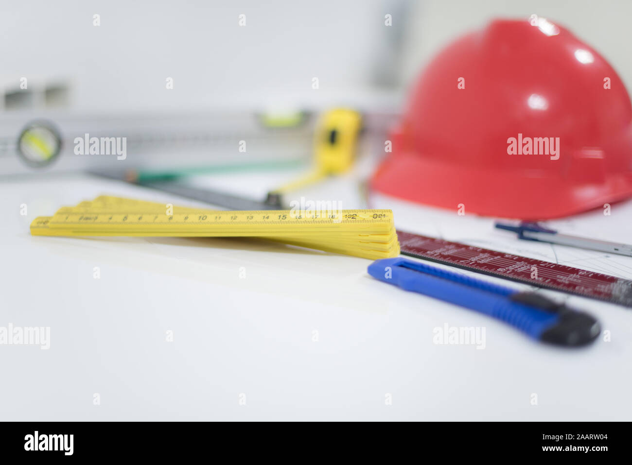 Architectural Office desk ,Desk table with construction tools, red ...