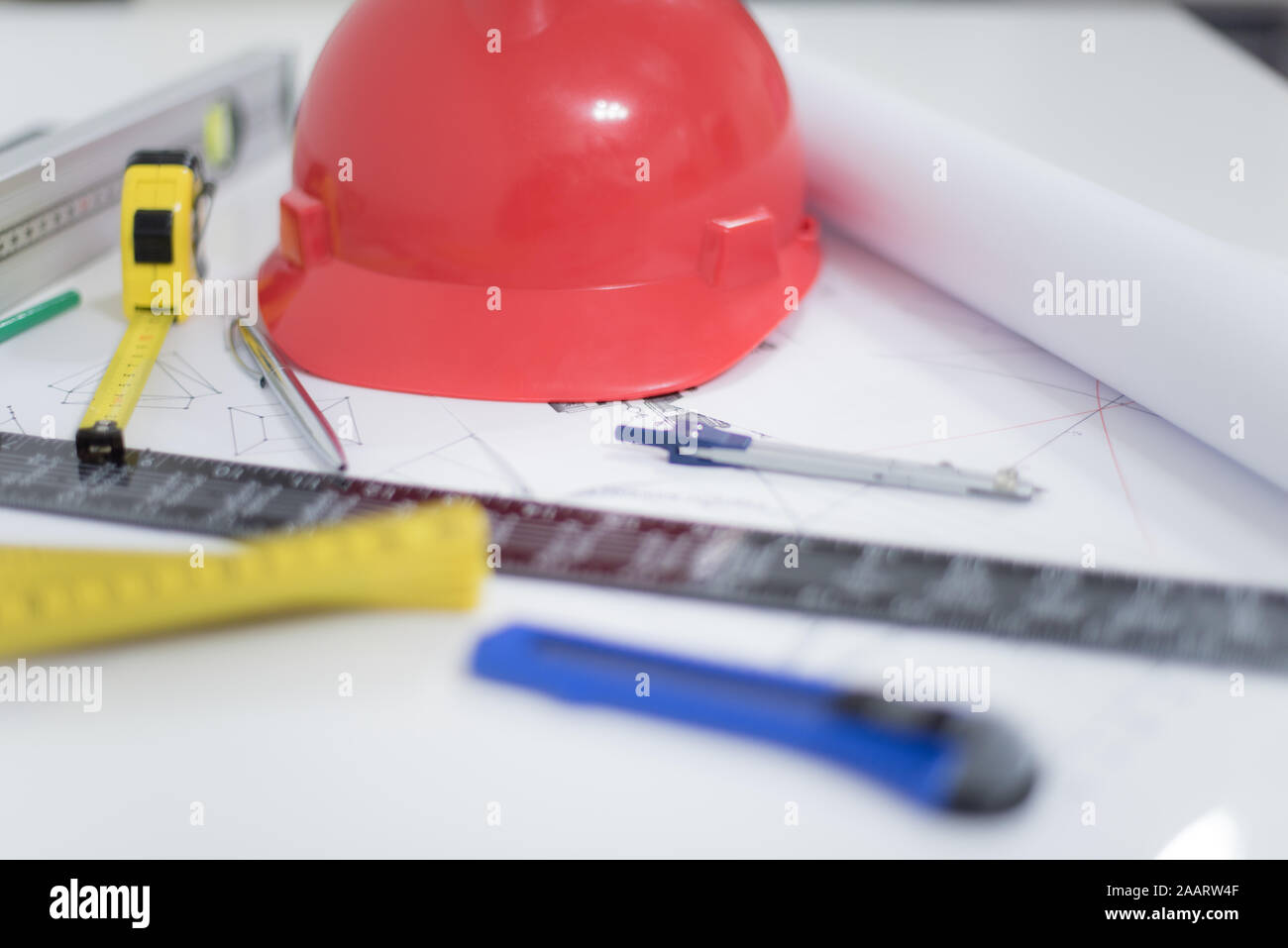 Architectural Office desk ,Desk table with construction tools, red ...