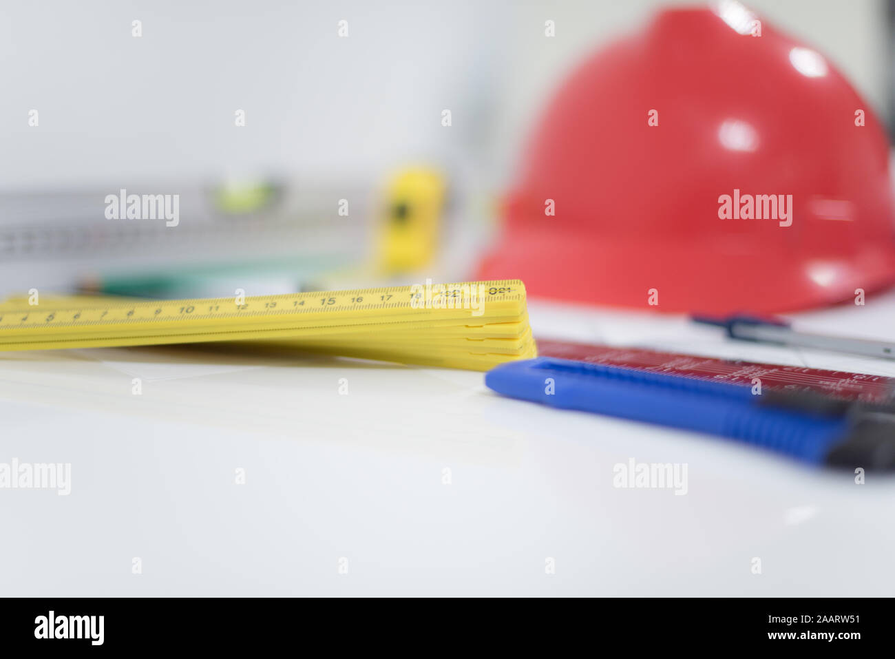 Architectural Office desk ,Desk table with construction tools, red ...