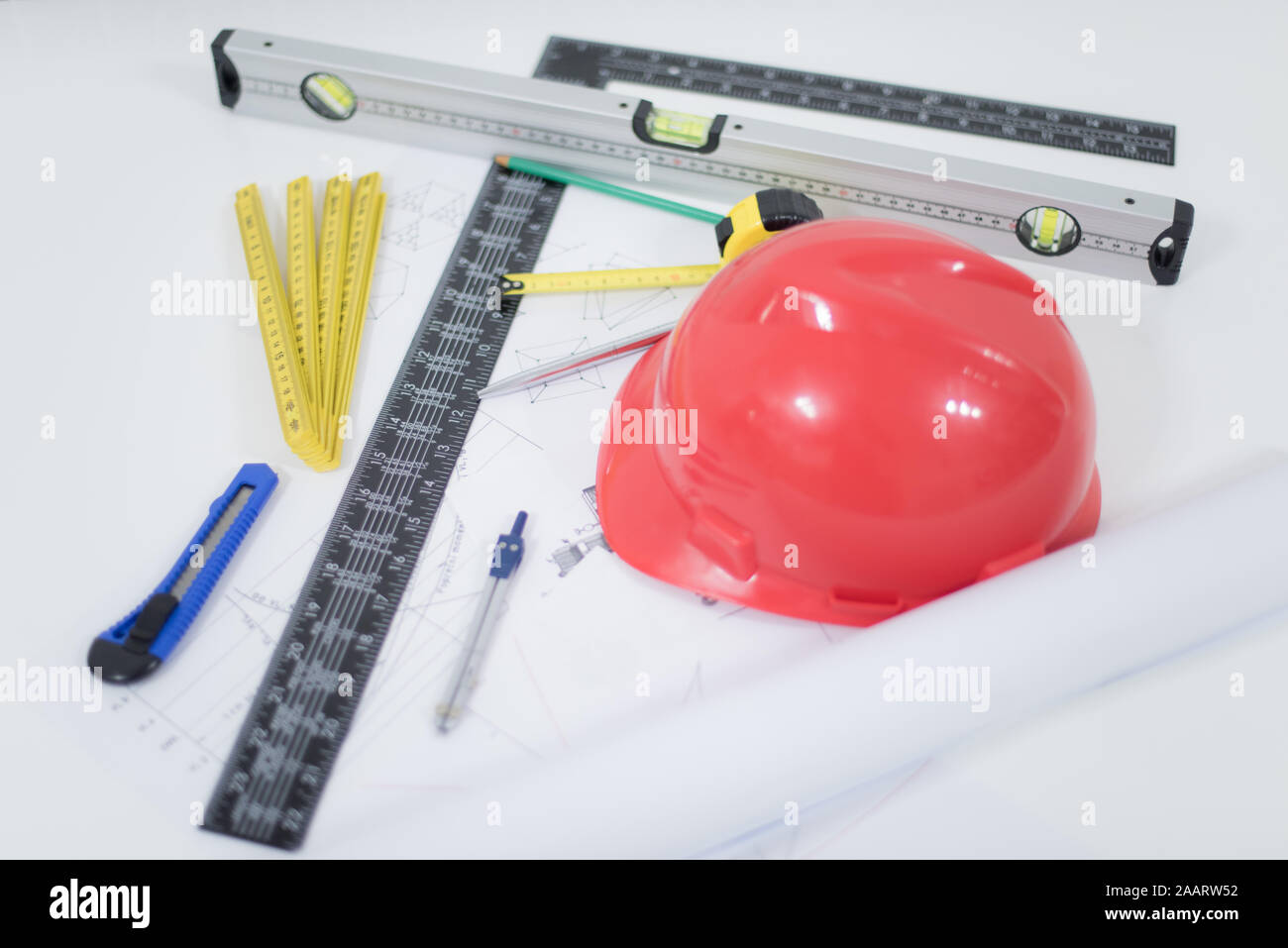 Architectural Office desk ,Desk table with construction tools, red ...