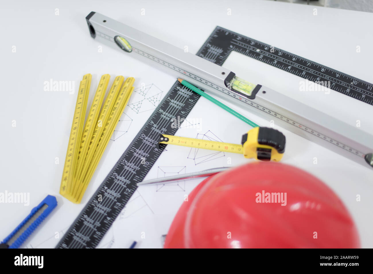 Architectural Office desk ,Desk table with construction tools, red ...