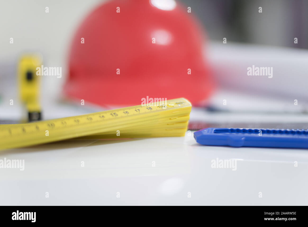 Architectural Office desk ,Desk table with construction tools, red ...