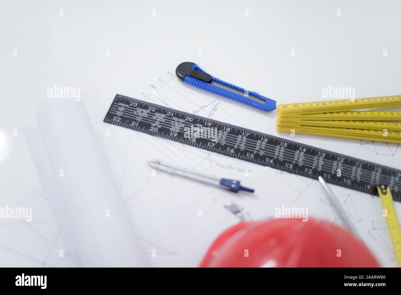 Architectural Office desk ,Desk table with construction tools, red ...