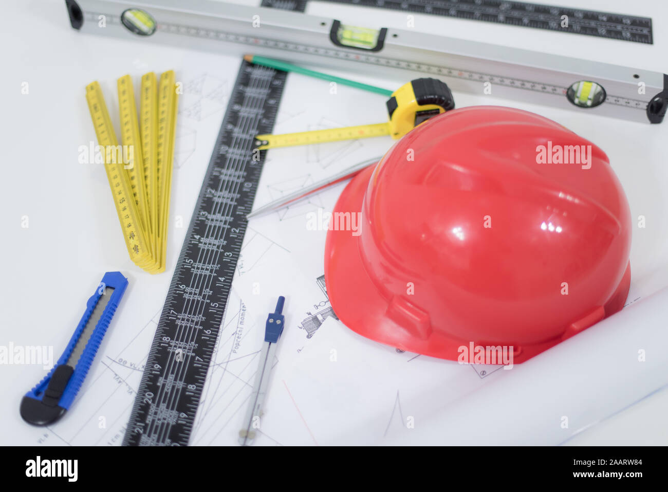 Architectural Office desk ,Desk table with construction tools, red ...