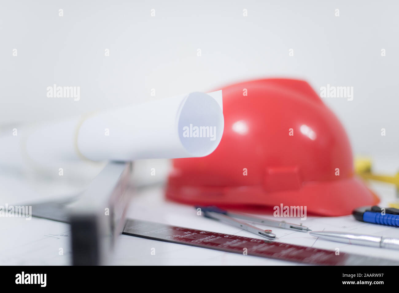 Architectural Office desk ,Desk table with construction tools, red ...