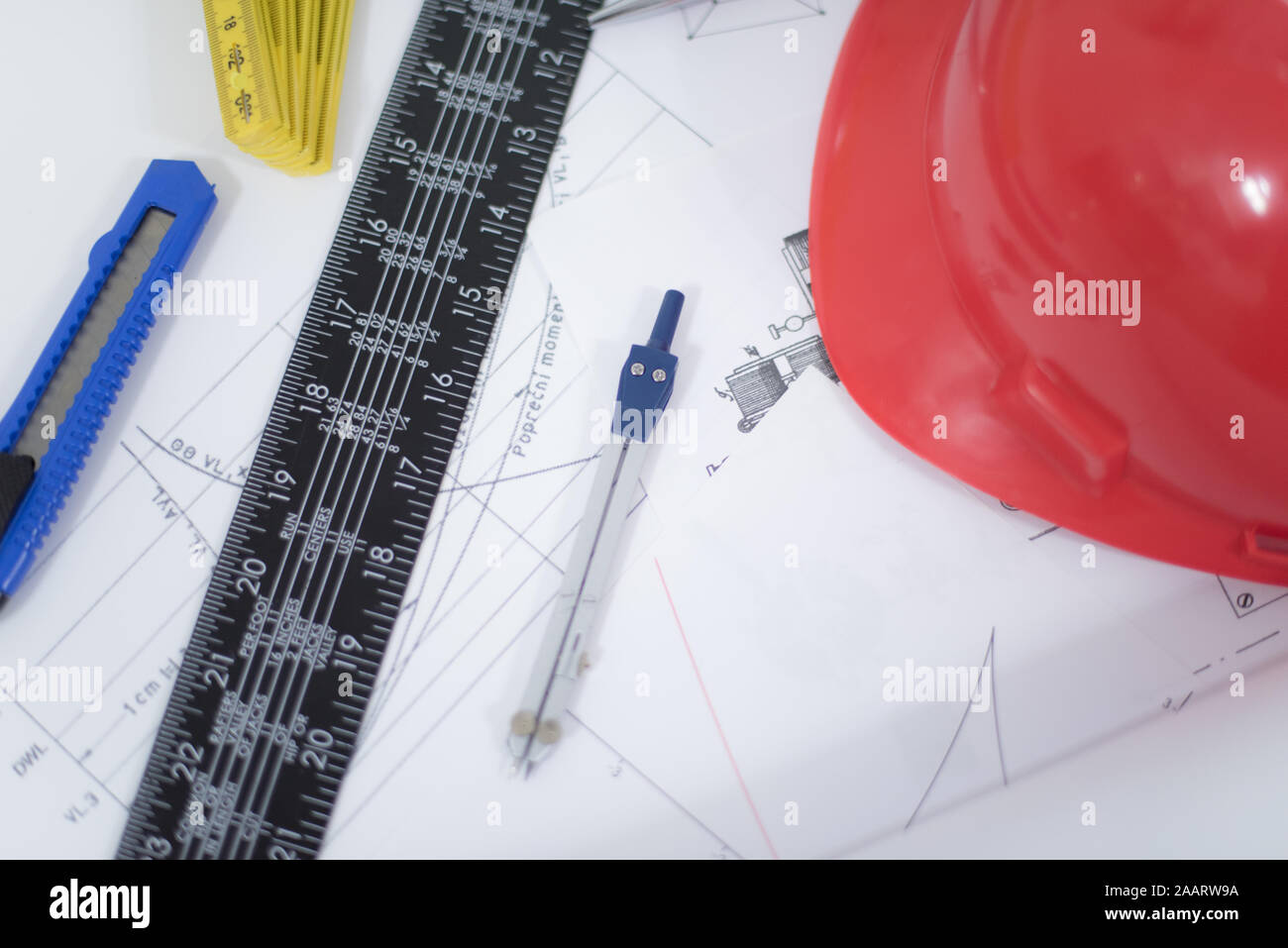 Architectural Office desk ,Desk table with construction tools, red ...