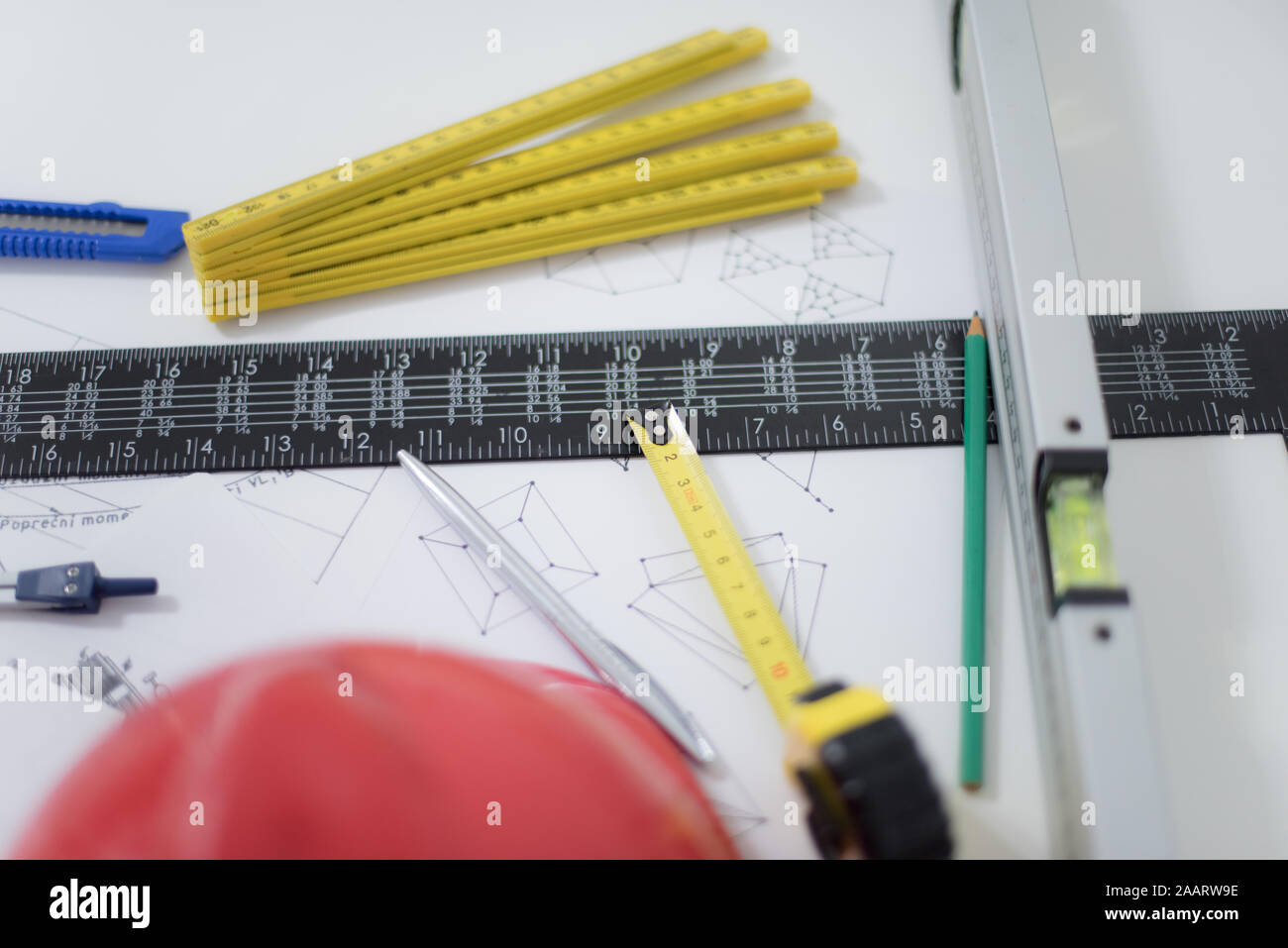 Architectural Office desk ,Desk table with construction tools, red ...