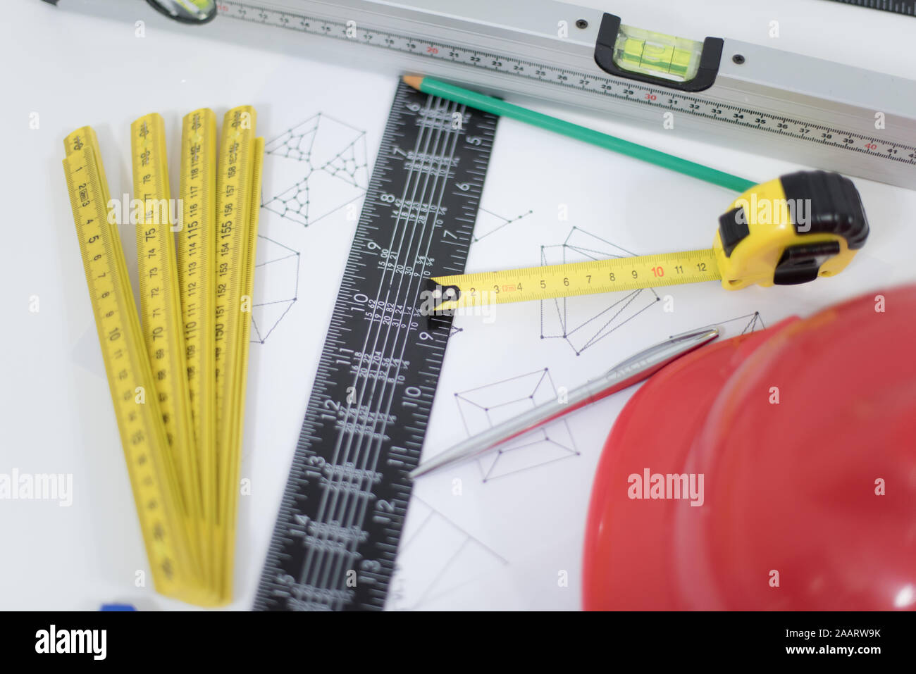 Architectural Office desk ,Desk table with construction tools, red ...