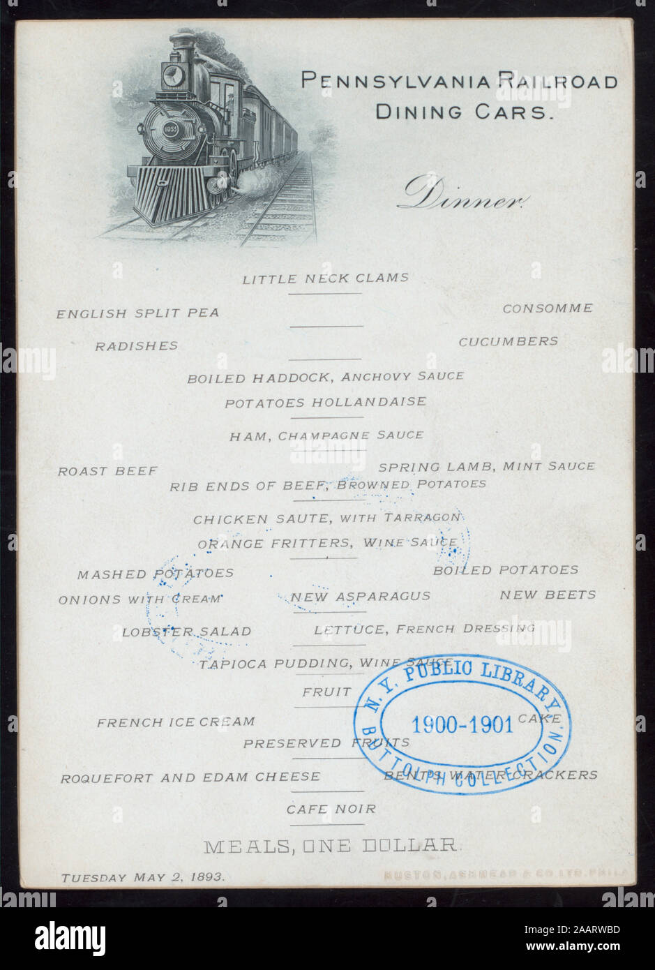DINNER (held by) PENNSYLVANIA RAILROAD (at) PA (RR DINING CAR) ONE ...