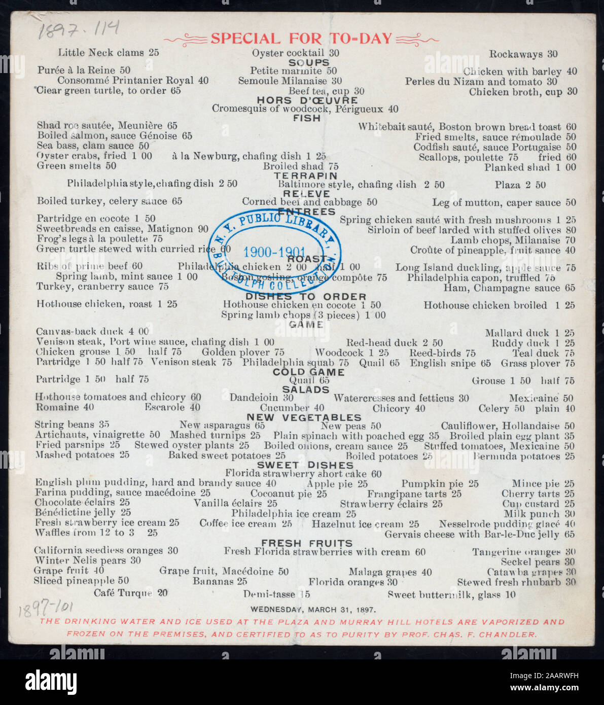 DINNER (held by) PLAZA (at) (NEW YORK, NY) (HOTEL;) PRICED MENU;NOTE ...