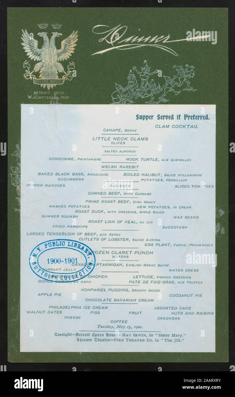 DINNER (held by) RUSSELL HOUSE (at) DETROIT, MI (HOTEL;) ILLUS: DOUBLE ...