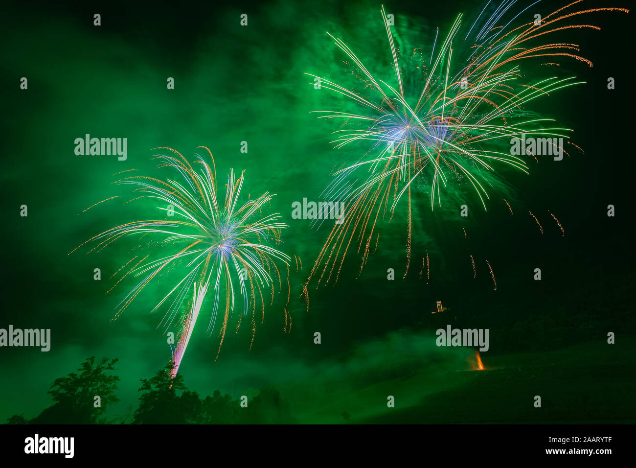 Wonderful green fireworks lighting sky over trees silhouette Stock ...