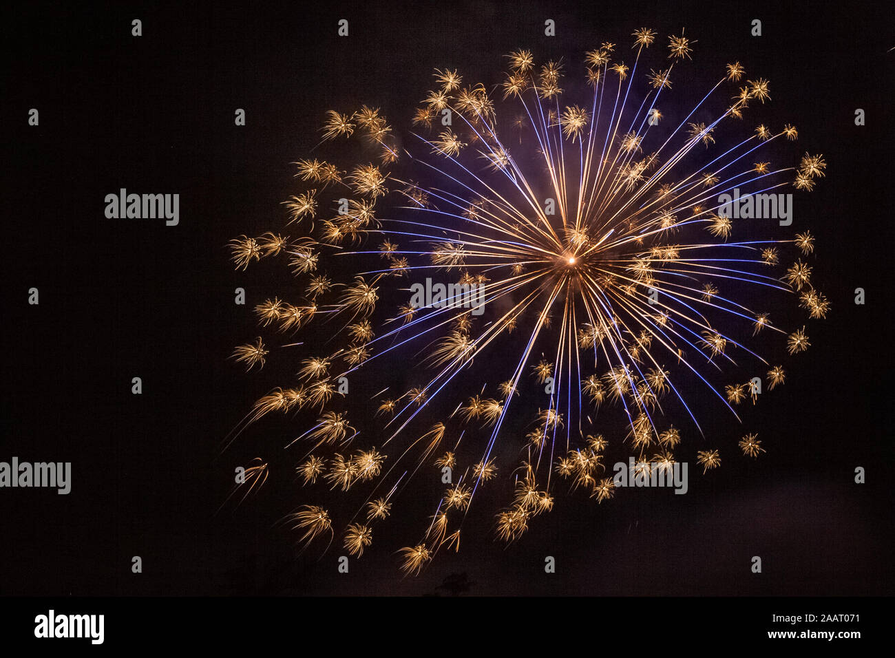 Wonderful explosion of blue and golden fireworks Stock Photo - Alamy
