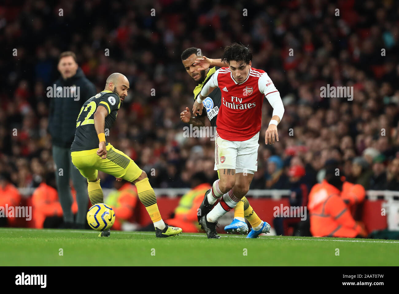 London, UK. 23 November 2019. Hector Bellerin of Arsenal and Nathan ...