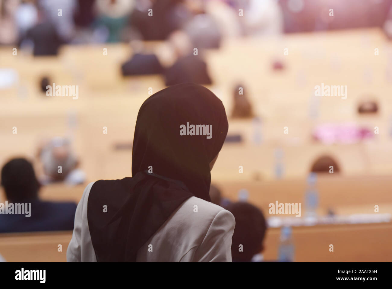 Muslim business woman having presentation during regional business ...