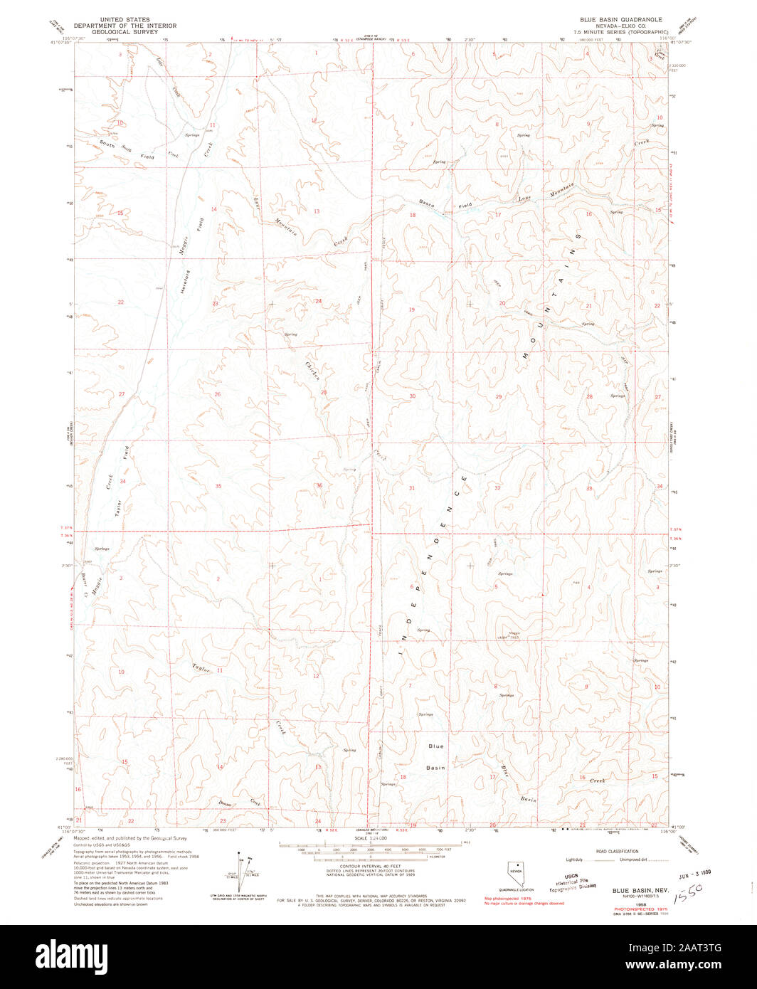 USGS TOPO Map Nevada NV Blue Basin 318154 1958 24000 Restoration Stock ...