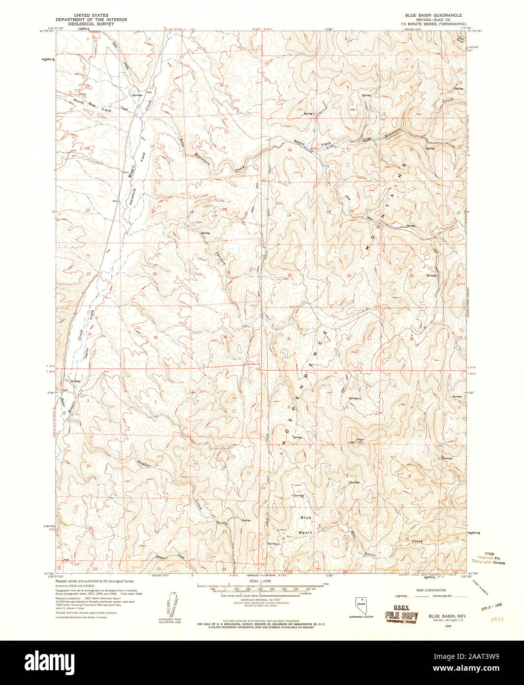USGS TOPO Map Nevada NV Blue Basin 318152 1958 24000 Restoration Stock ...