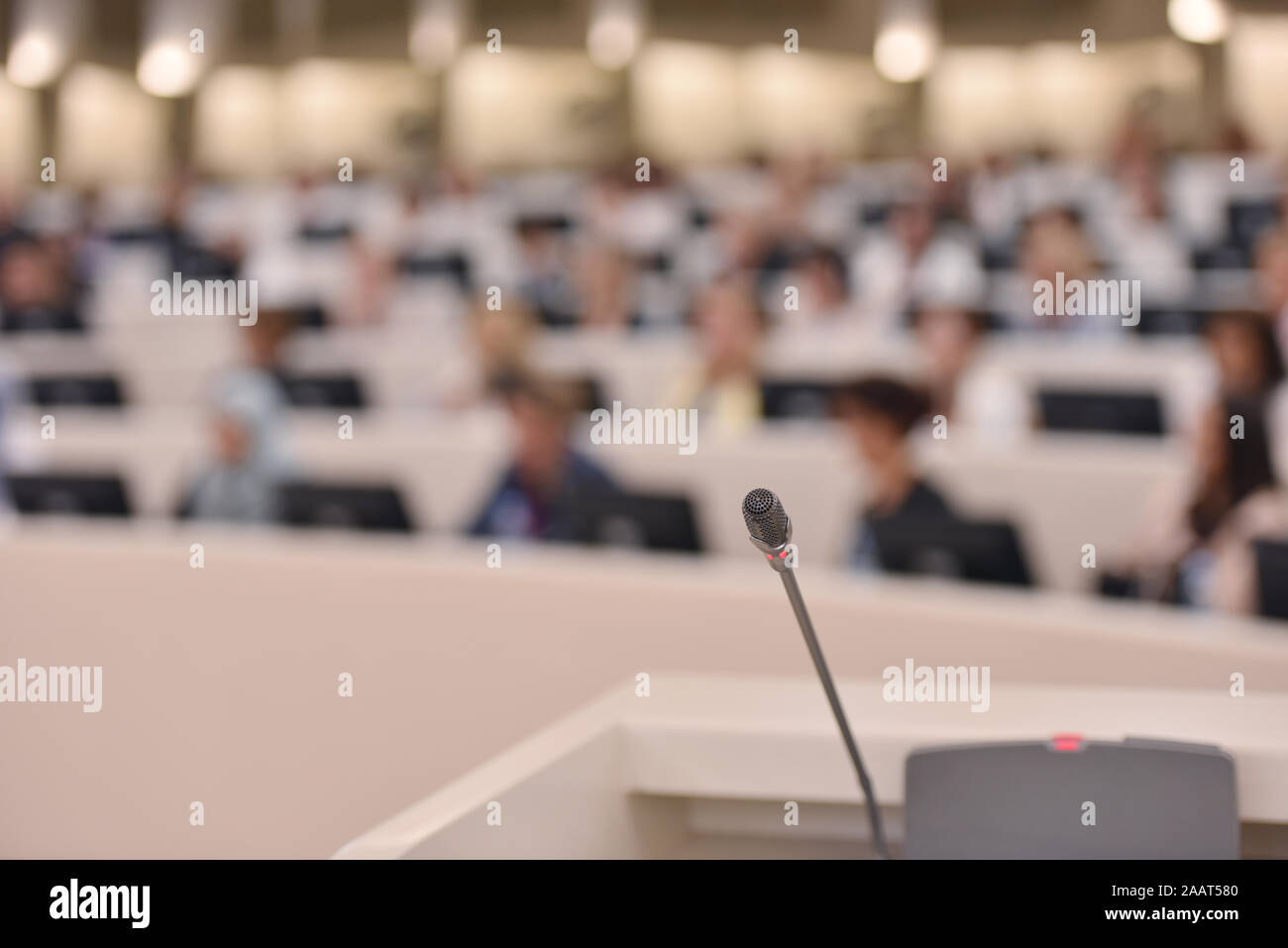 Front view of the microphone during business conference in conference ...