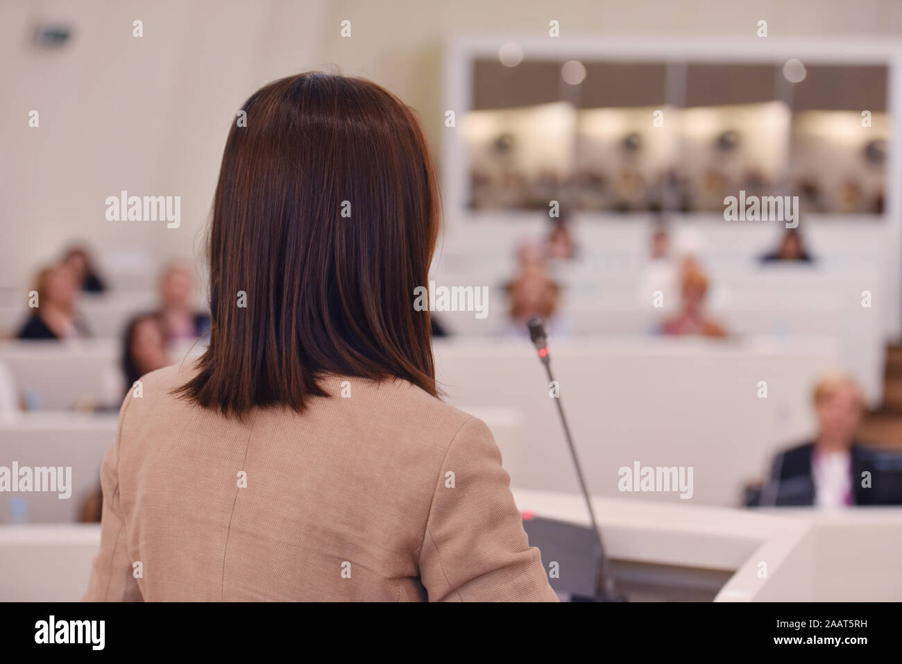 Business woman as leader speaking at Conference. Audience at the ...