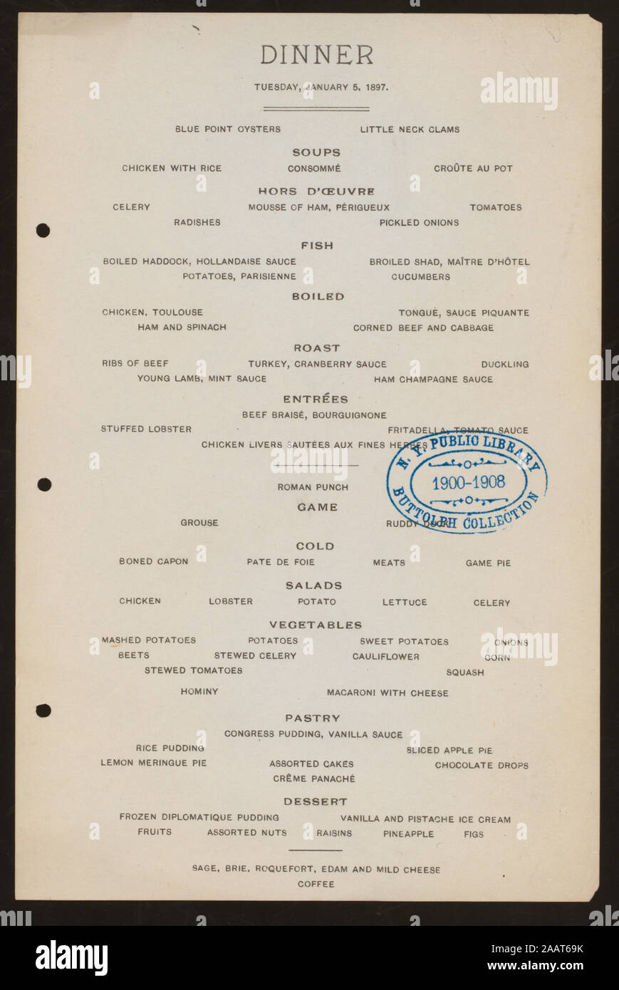 DINNER MENU (held by) (FIFTH AVENUE HOTEL) (at) (NEW YORK, NY) (HOTEL ...