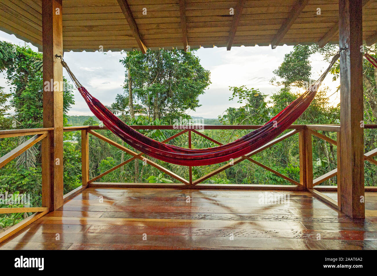 Empty hammock swinging at a tourist cabin in the Amazon Jungle. Napo ...