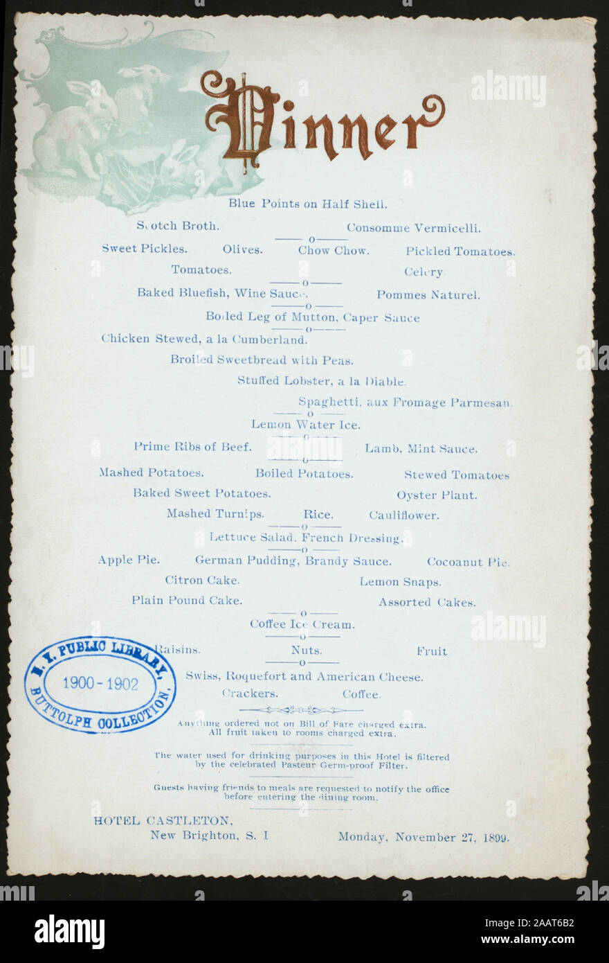 DINNER MENU (held by) CASTLETON HOTEL (at) NEW BRIGHTON, SI (HOTEL ...