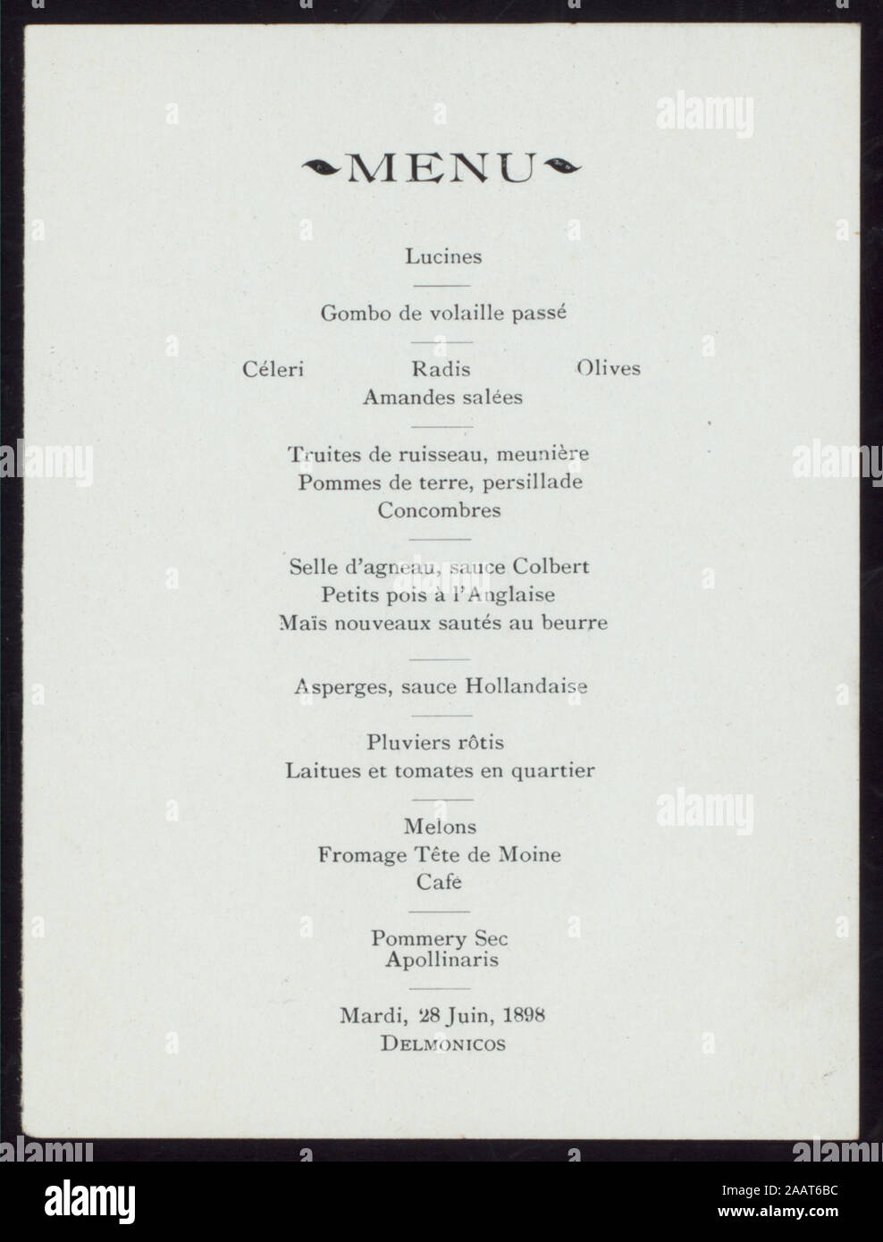 DINNER MENU (held by) DELMONICO'S (at) NEW YORK, NY (HOT;) FRENCH ...